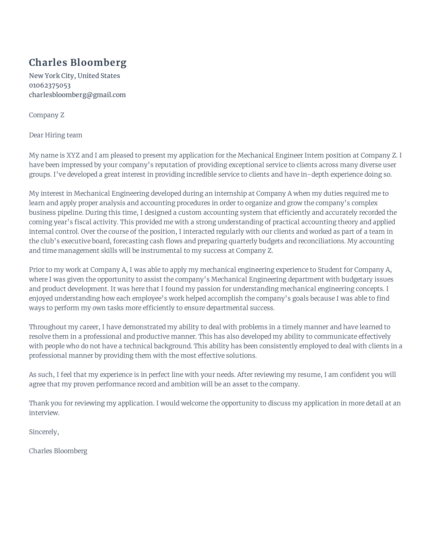 Rezi Mechanical Engineer Intern Cover Letter Template